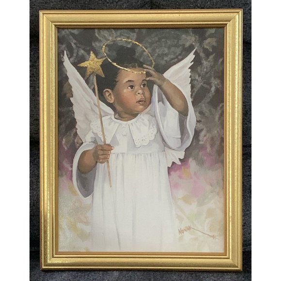 Art | Framed Art Print Girl Angel In White Clothes Wings Gold Halo Star ...